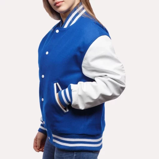 Womens Blue and White Leather Sleeves Varsity Jacket